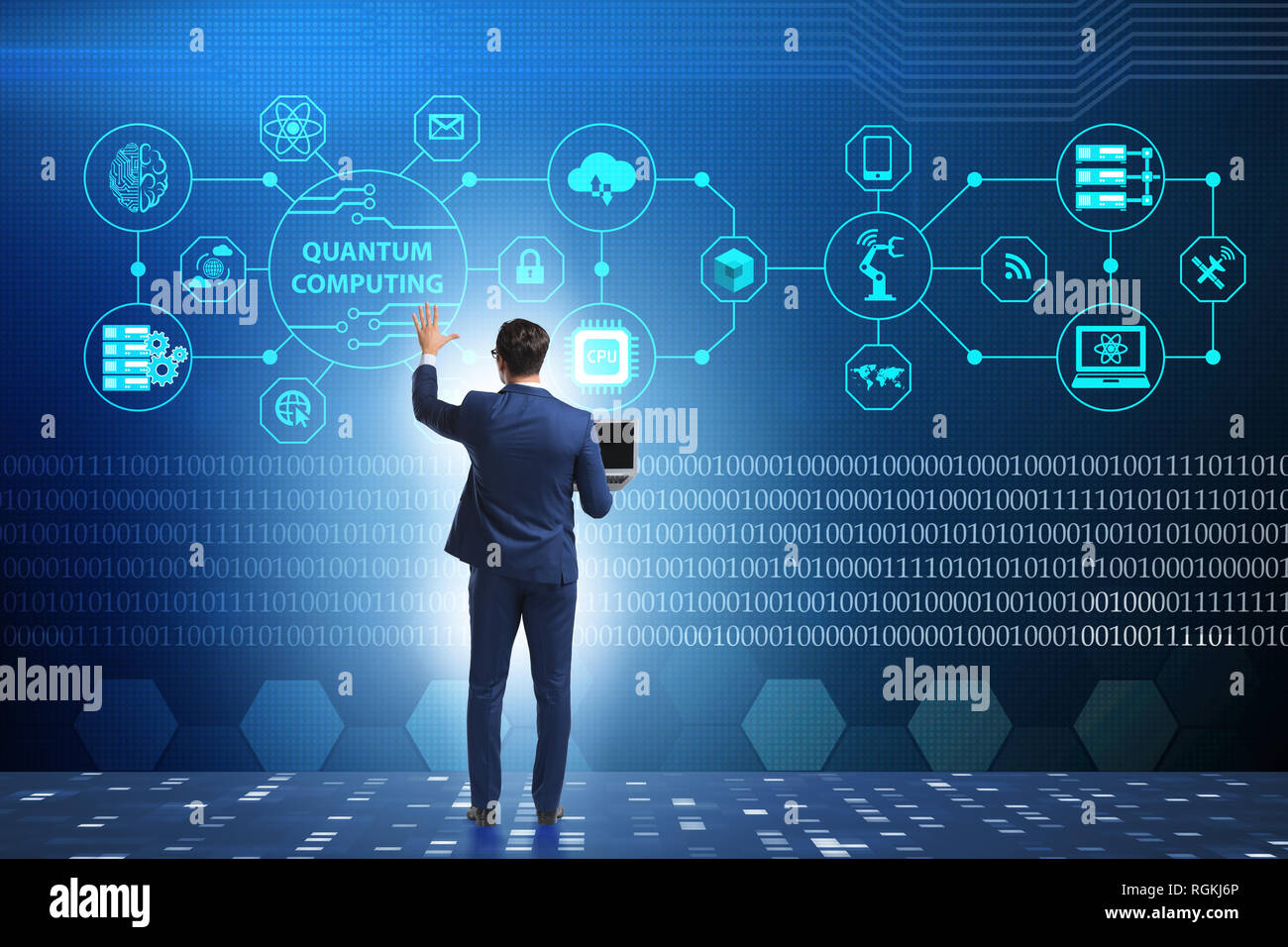 Businessman pressing virtual button in quantum computing concept Stock Photo - Alamy