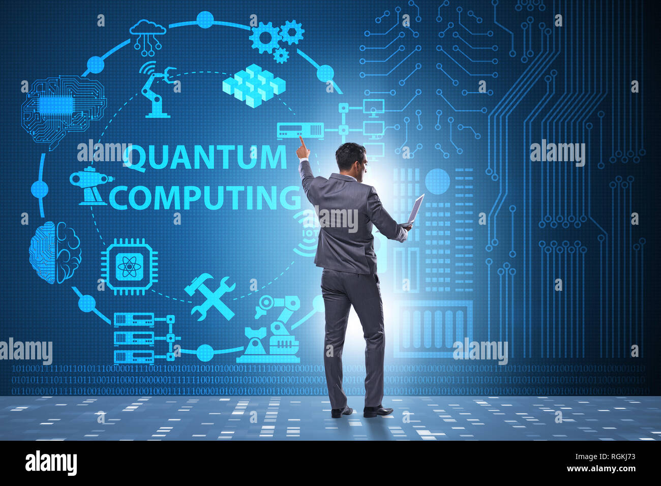 Businessman pressing virtual button in quantum computing concept Stock ...