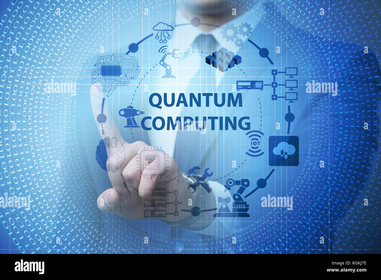 Businessman pressing virtual button in quantum computing concept Stock ...