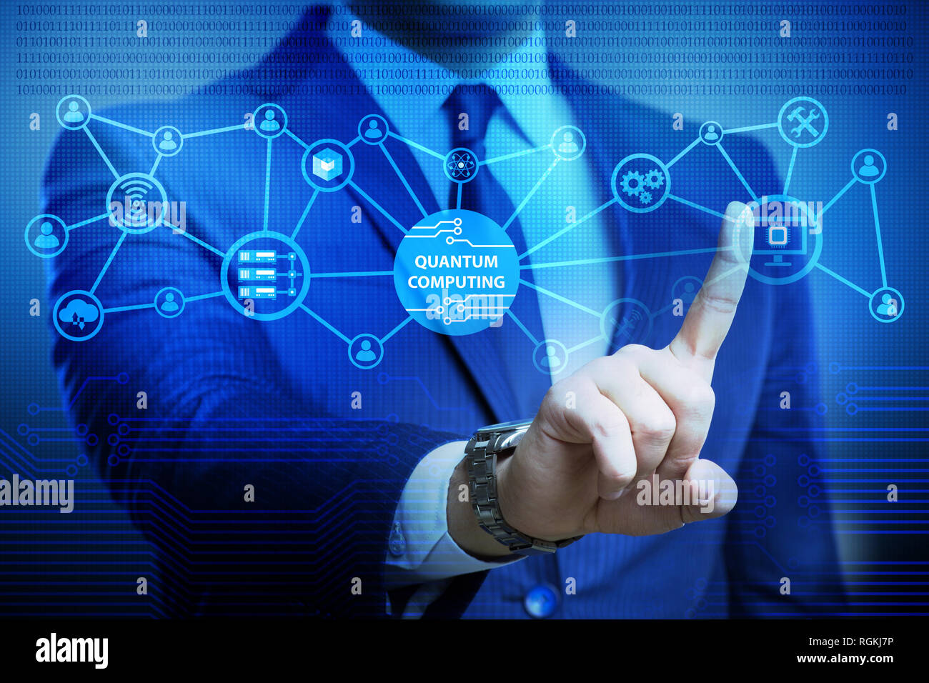 Businessman pressing virtual button in quantum computing concept Stock Photo - Alamy