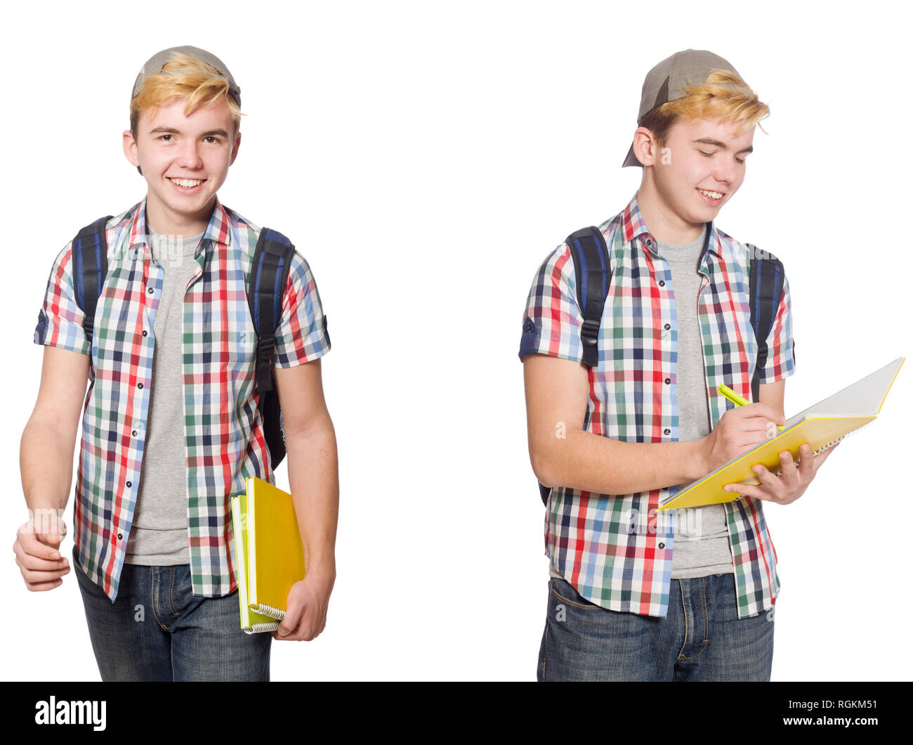 Student with backpack and notes isolated on white Stock Photo - Alamy