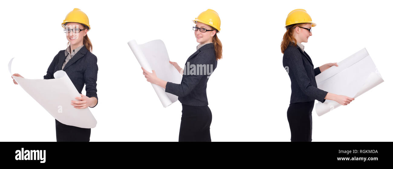 Female architect with blueprint isolated in white Stock Photo - Alamy
