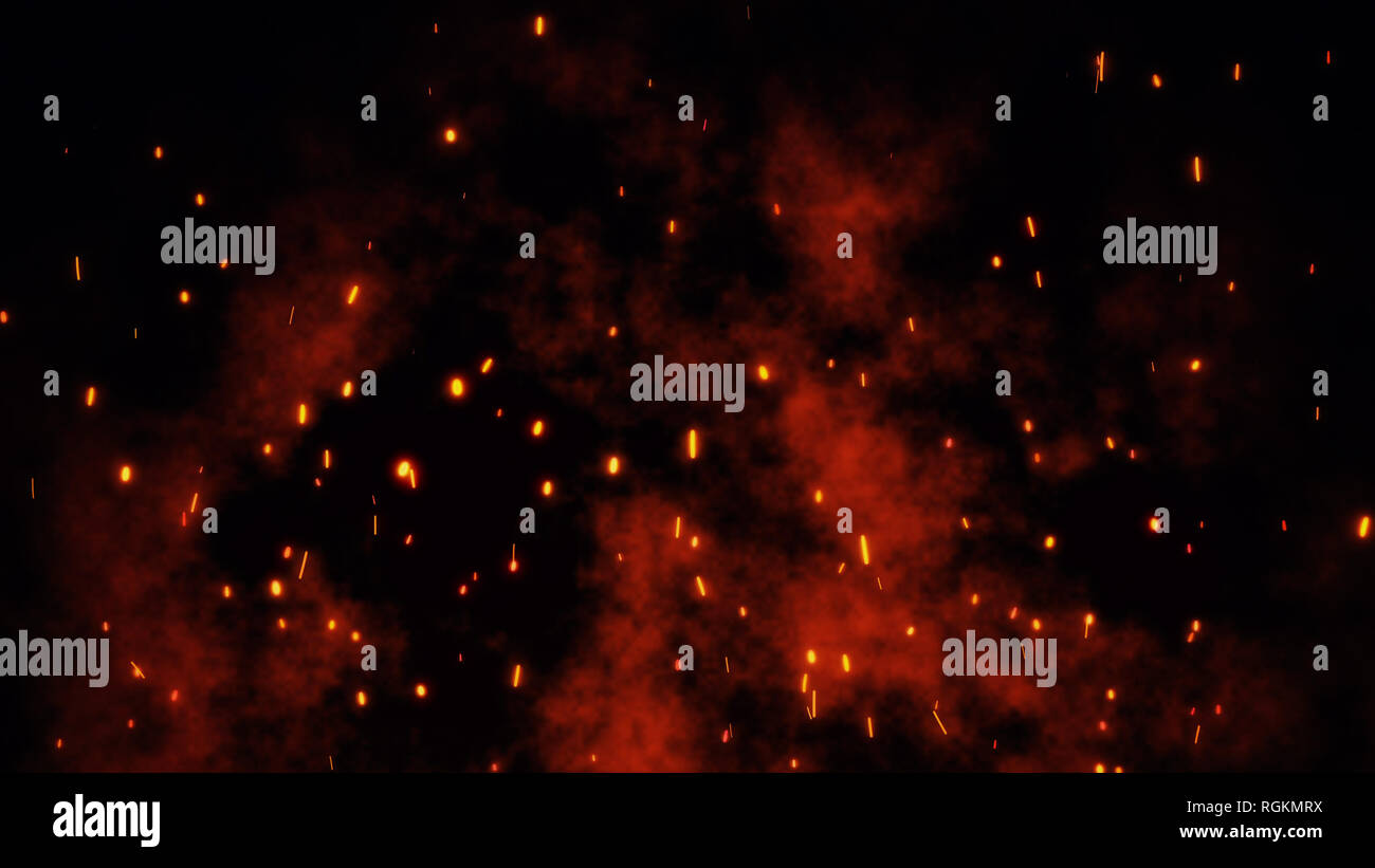 Burning red hot sparks rise from large fire. Backdrop of bonfire, light ...