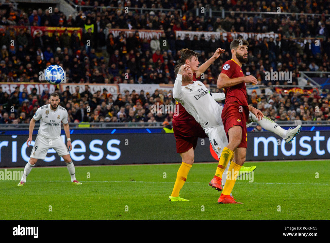 ROME - NOV 27, 2018: Sergio Ramos 4 shoots with his head. AS Roma ...