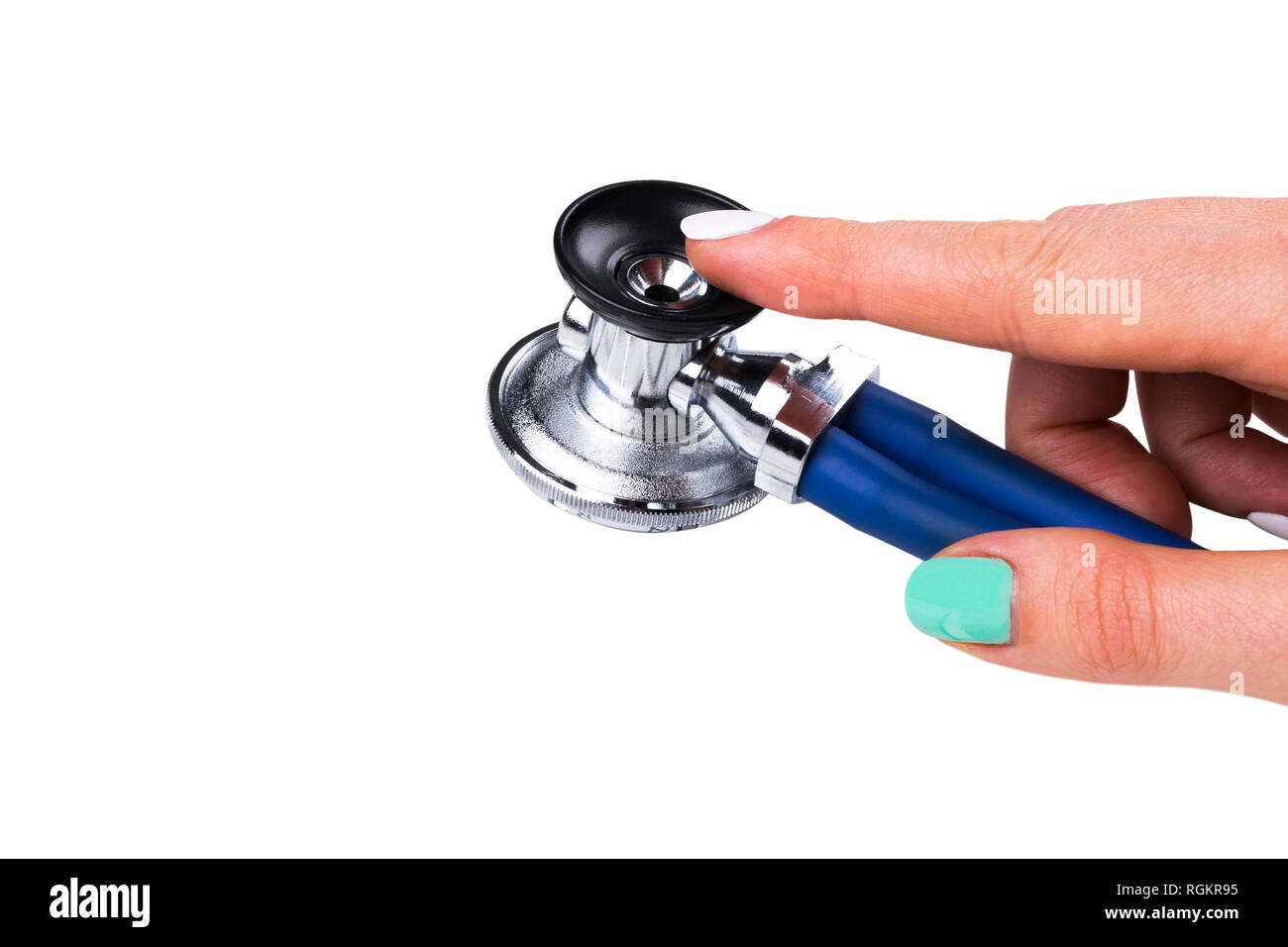 Stethoscope in female doctor hand. Close up. Isolated on white ...