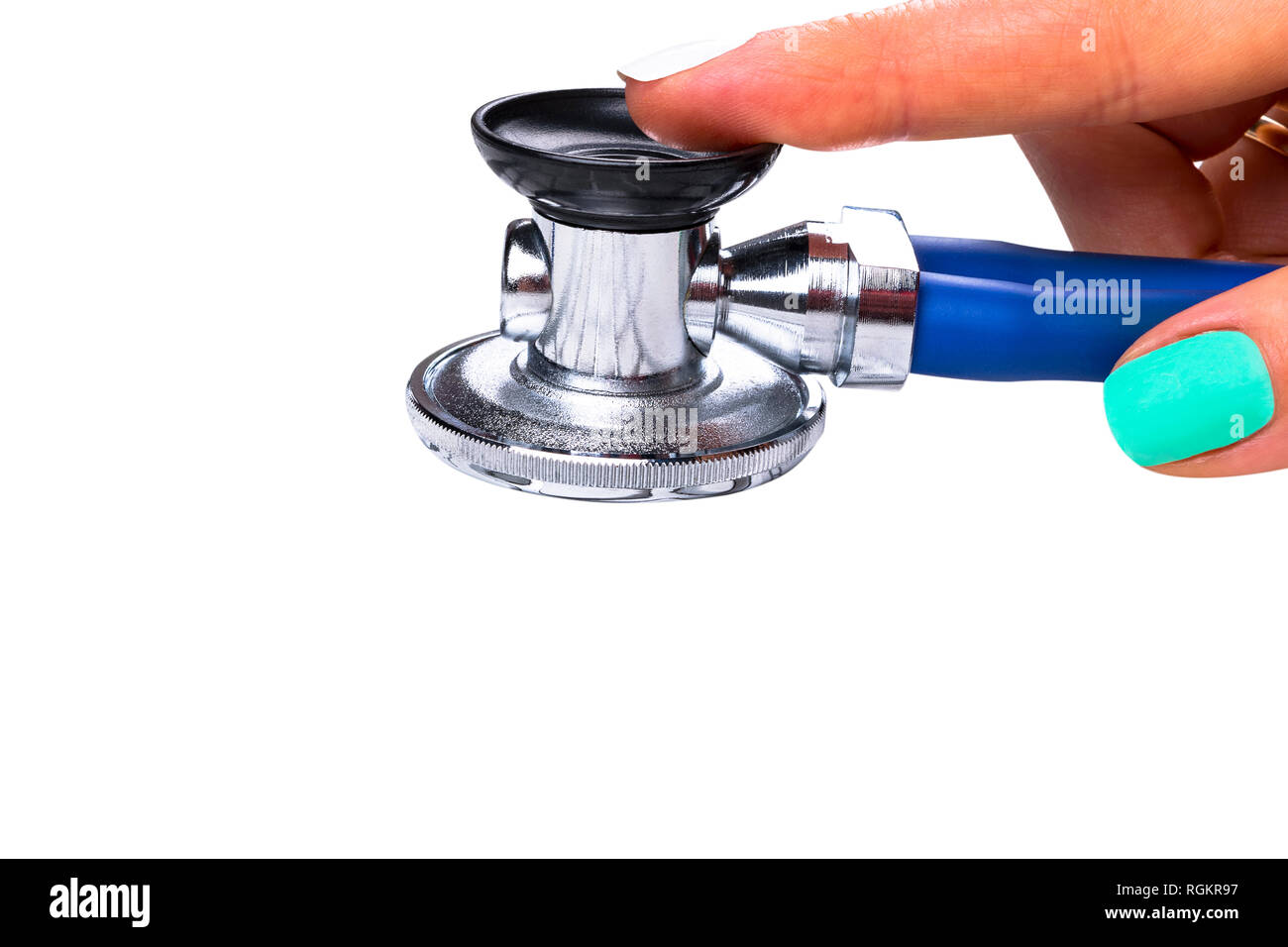 Stethoscope in female doctor hand. Close up. Isolated on white ...