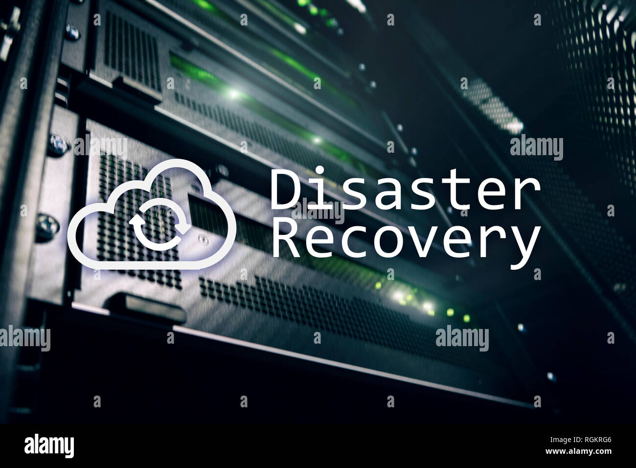 DIsaster recovery. Data loss prevention. Server room on background ...