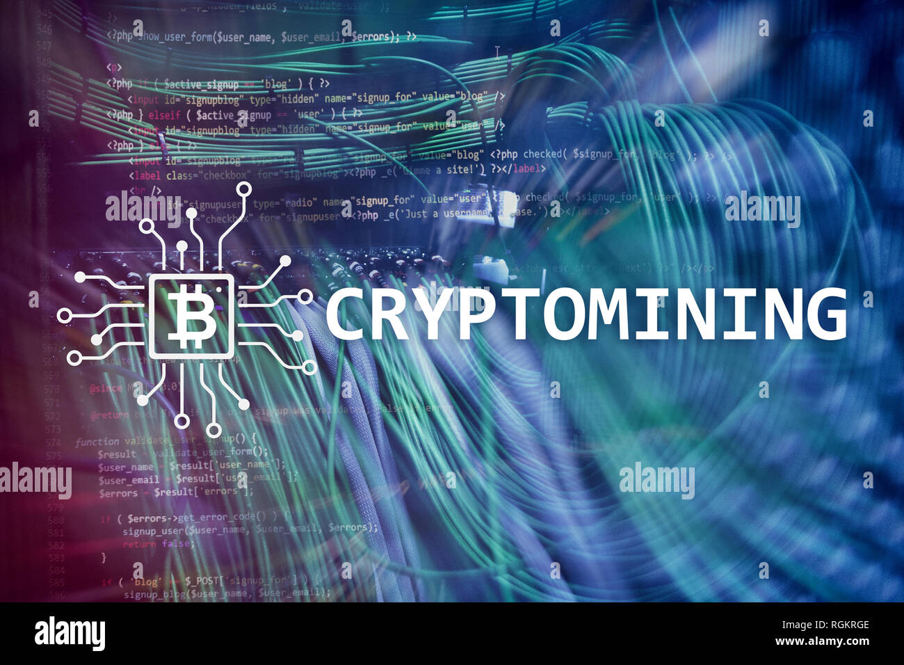 Cryptocurrency mining concept on server room background Stock Photo - Alamy