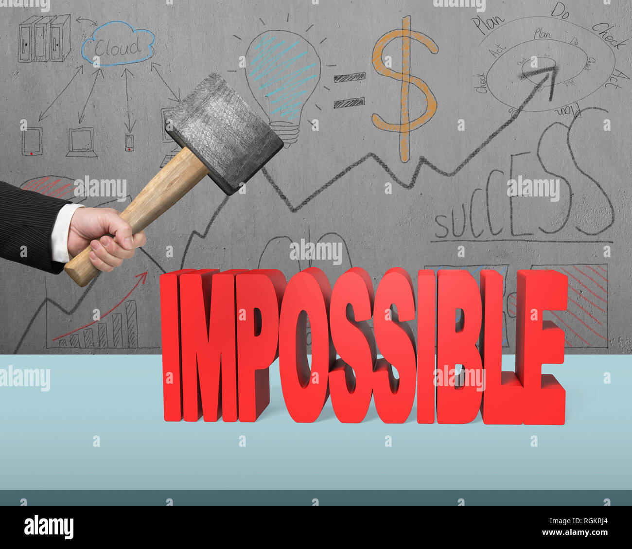 Cracking impossible 3D word on desk in office Stock Photo - Alamy