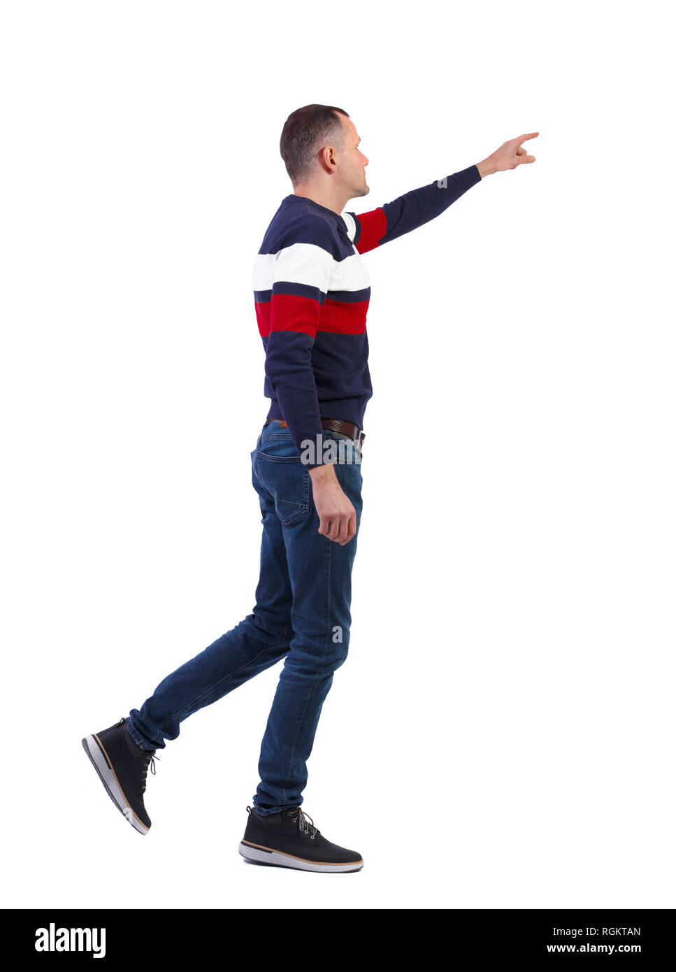 Side view of a man walking with a pointing hand. going guy showing ...