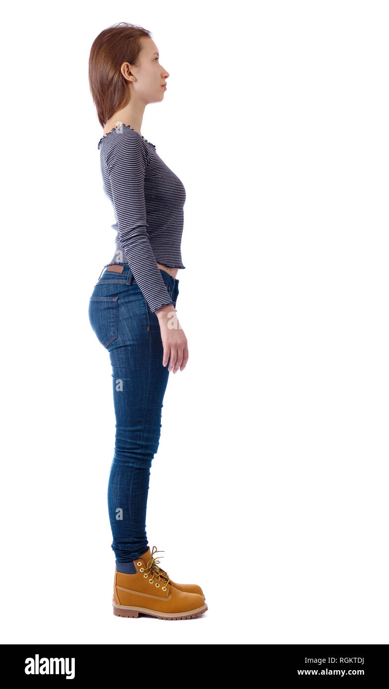 Side view of a woman in jeans. girl watching. Rear view people collection. Side view of person ...