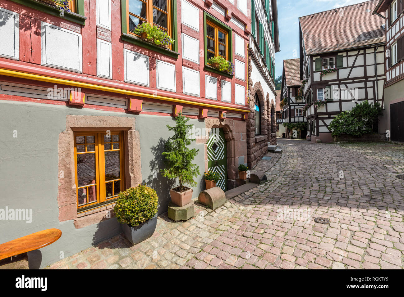 medieval lane with half-timbered houses in Schiltach, Black Forest ...