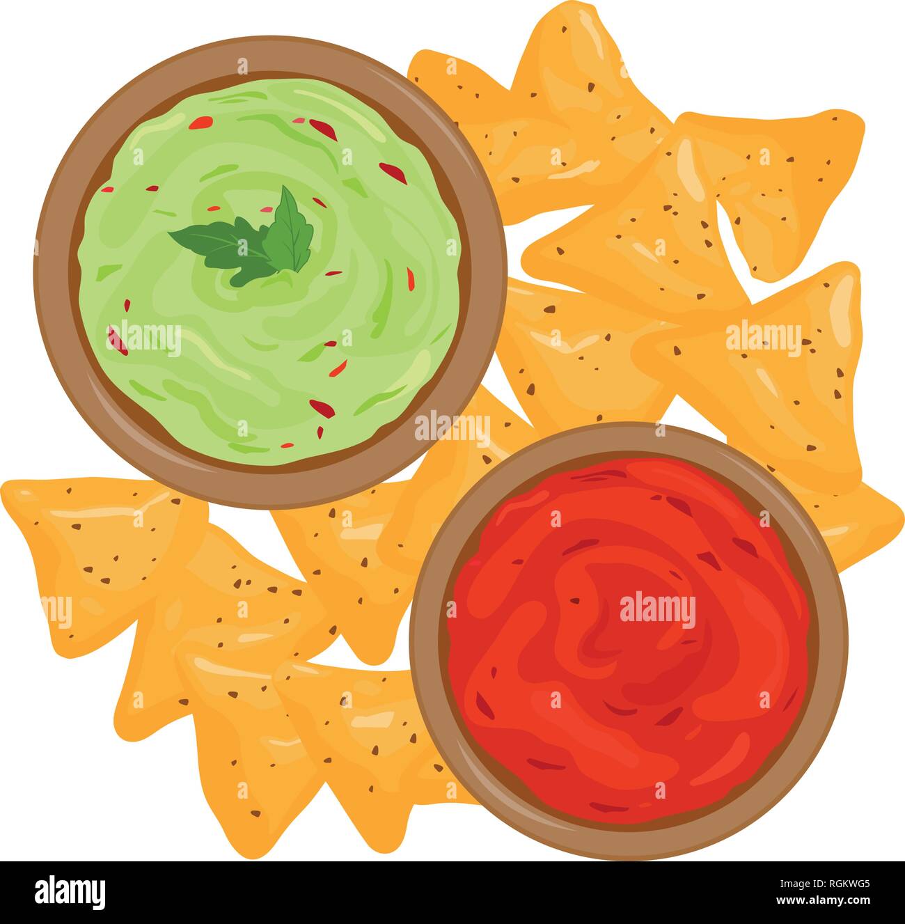 Bowls of avocado guacamole dip, tomato salsa sauce and nachos chips ...