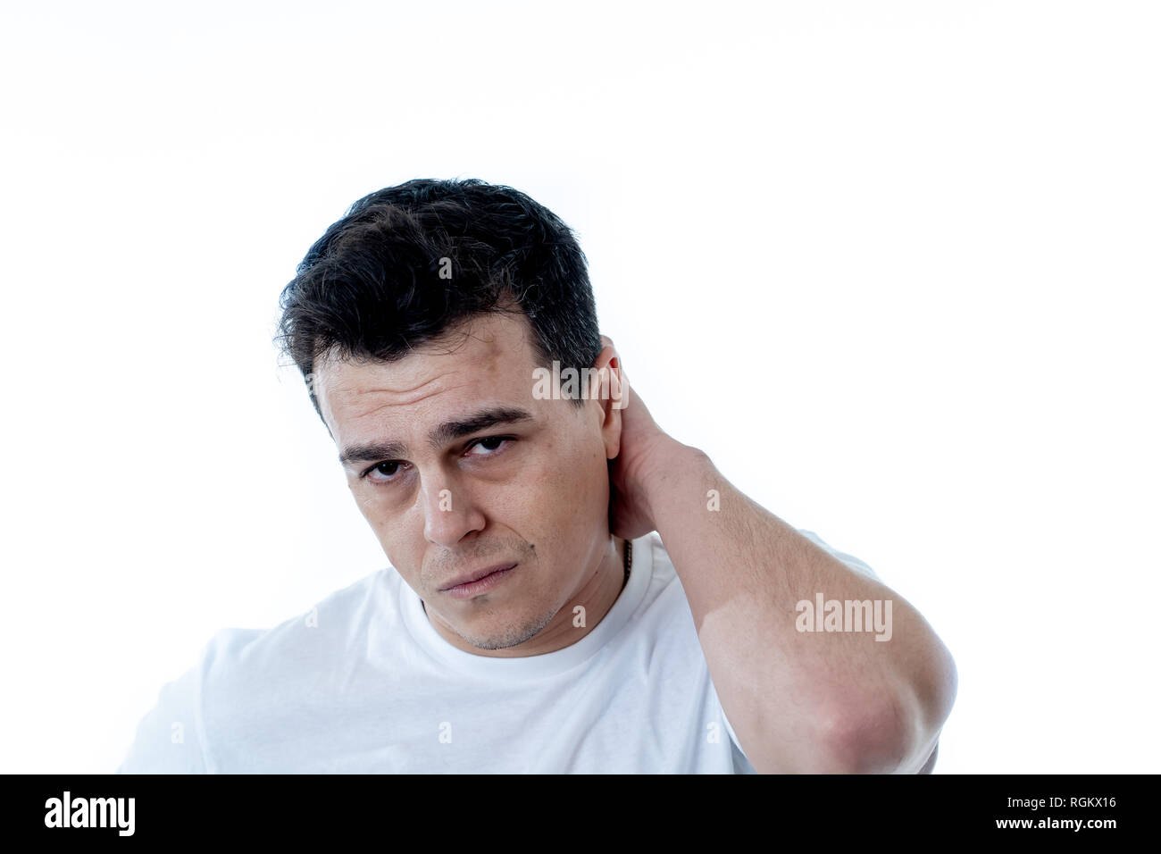 Close up portrait of attractive sad depressed man suffering depression ...
