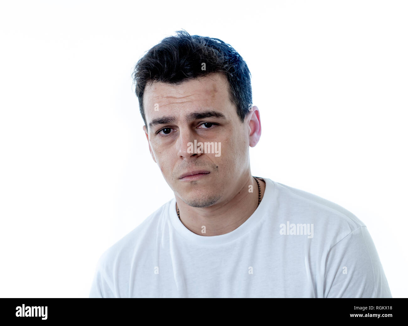 Close up portrait of attractive sad depressed man suffering depression ...