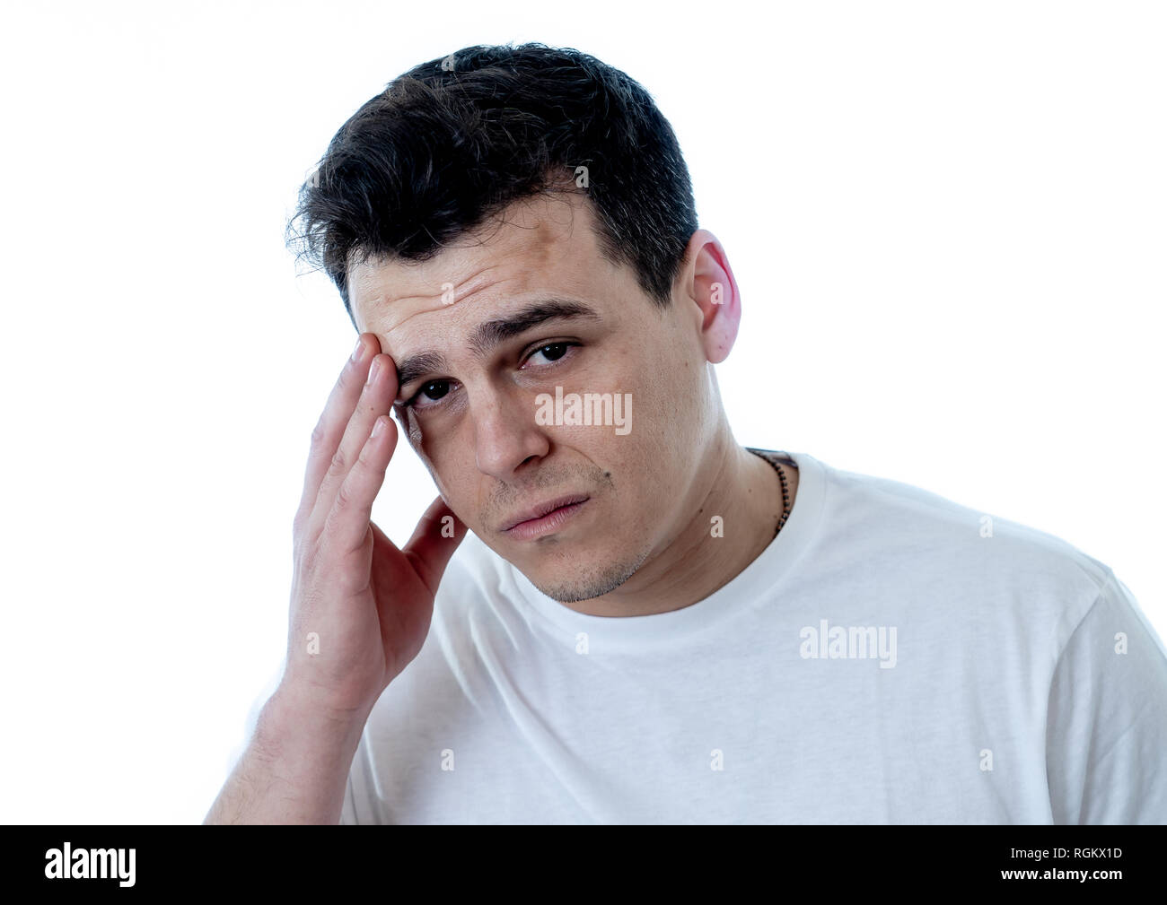 Close up portrait of attractive sad depressed man suffering depression ...
