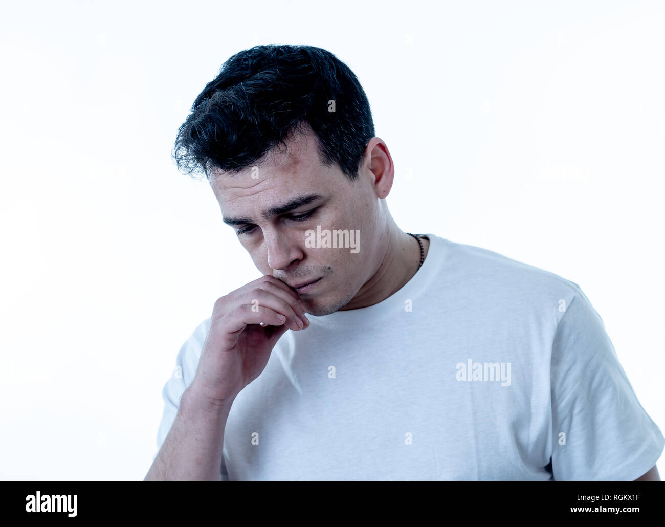Close up portrait of attractive sad depressed man suffering depression ...