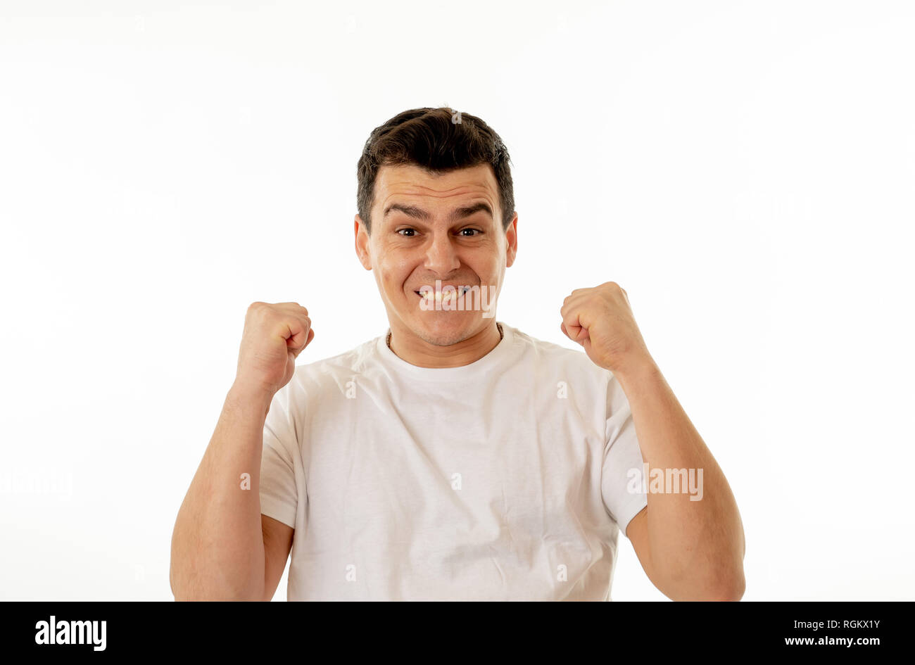 Man rejoices in achieving his goal, wining the lottery or having great ...