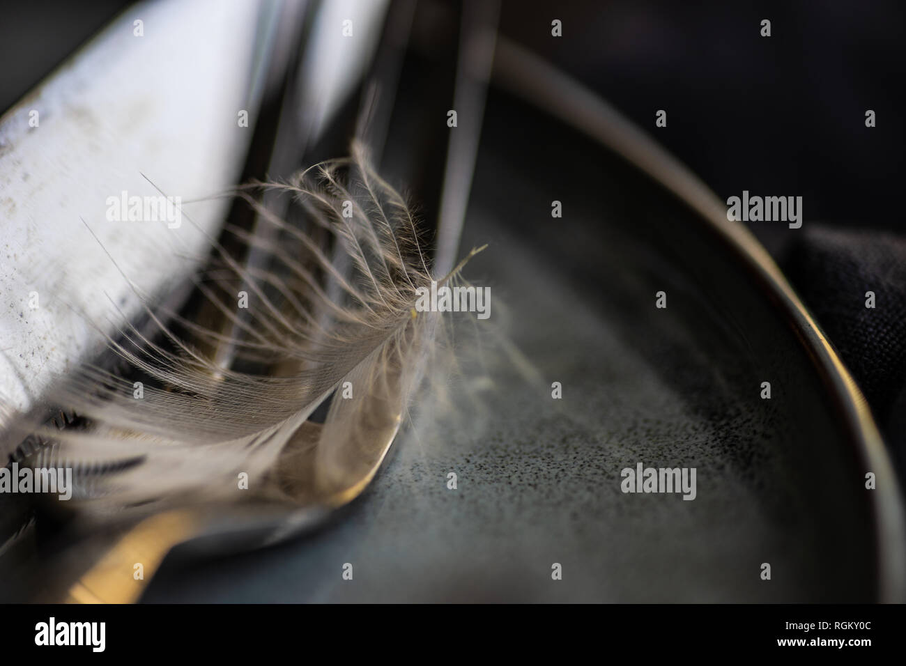 Table setting with feather for festive Easter dinner on rustic ...