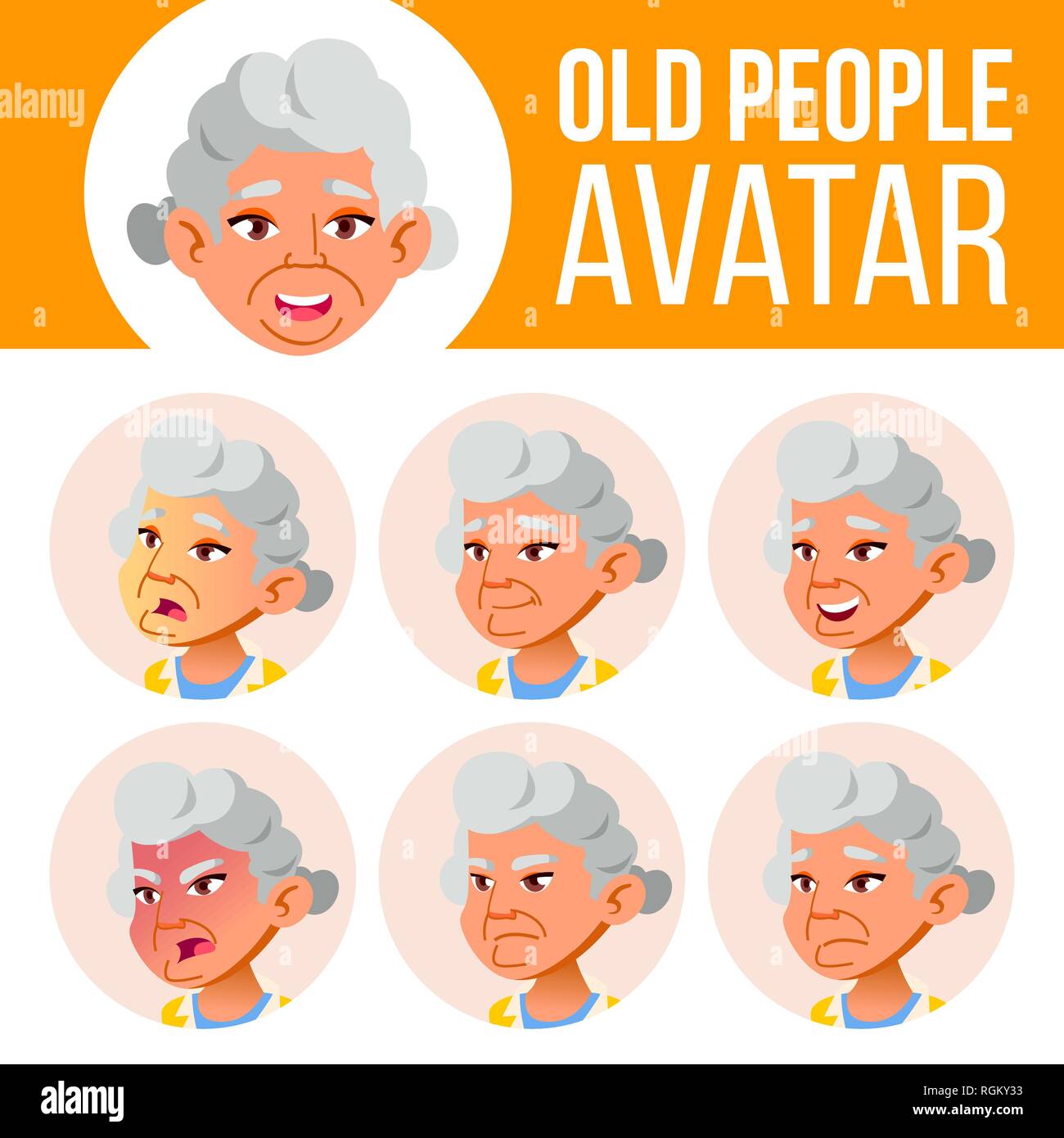 Asian Old Woman Avatar Set Vector. Face Emotions. Senior Person ...