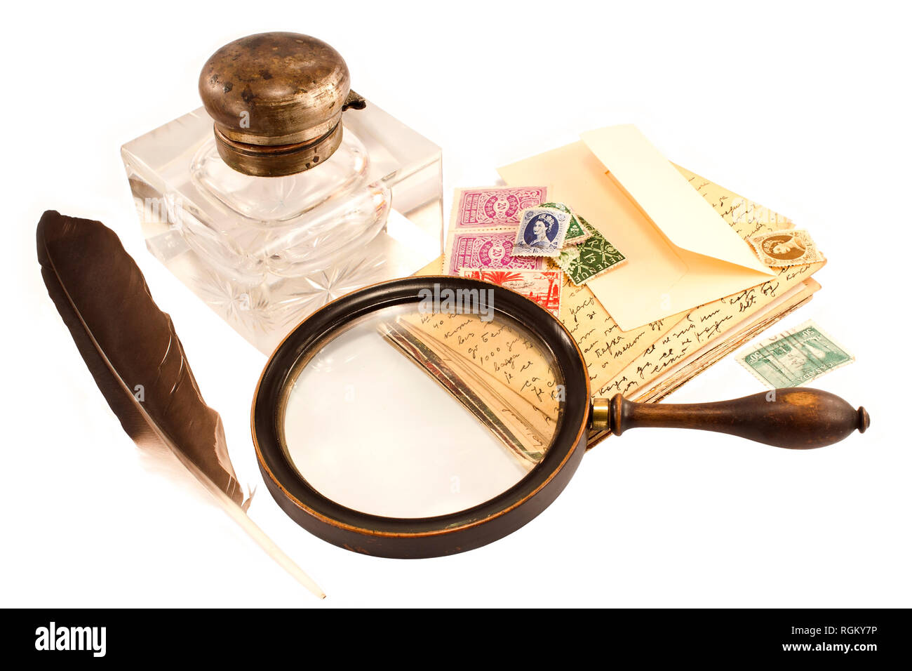 Vintage writing objects set at the white background Stock Photo - Alamy