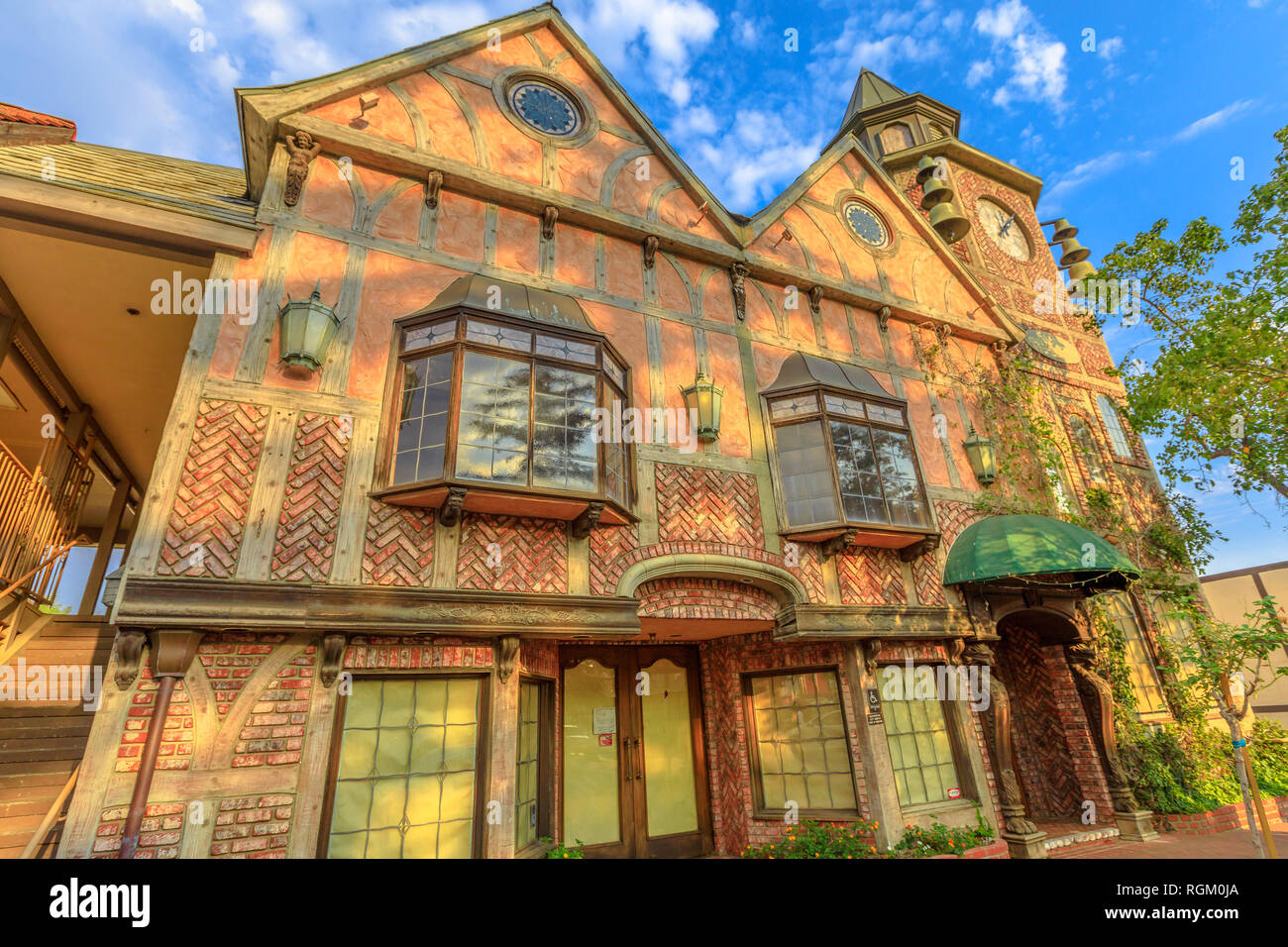 Old Mill clock tower in Solvang historic downtown, Santa Ynez Valley in ...