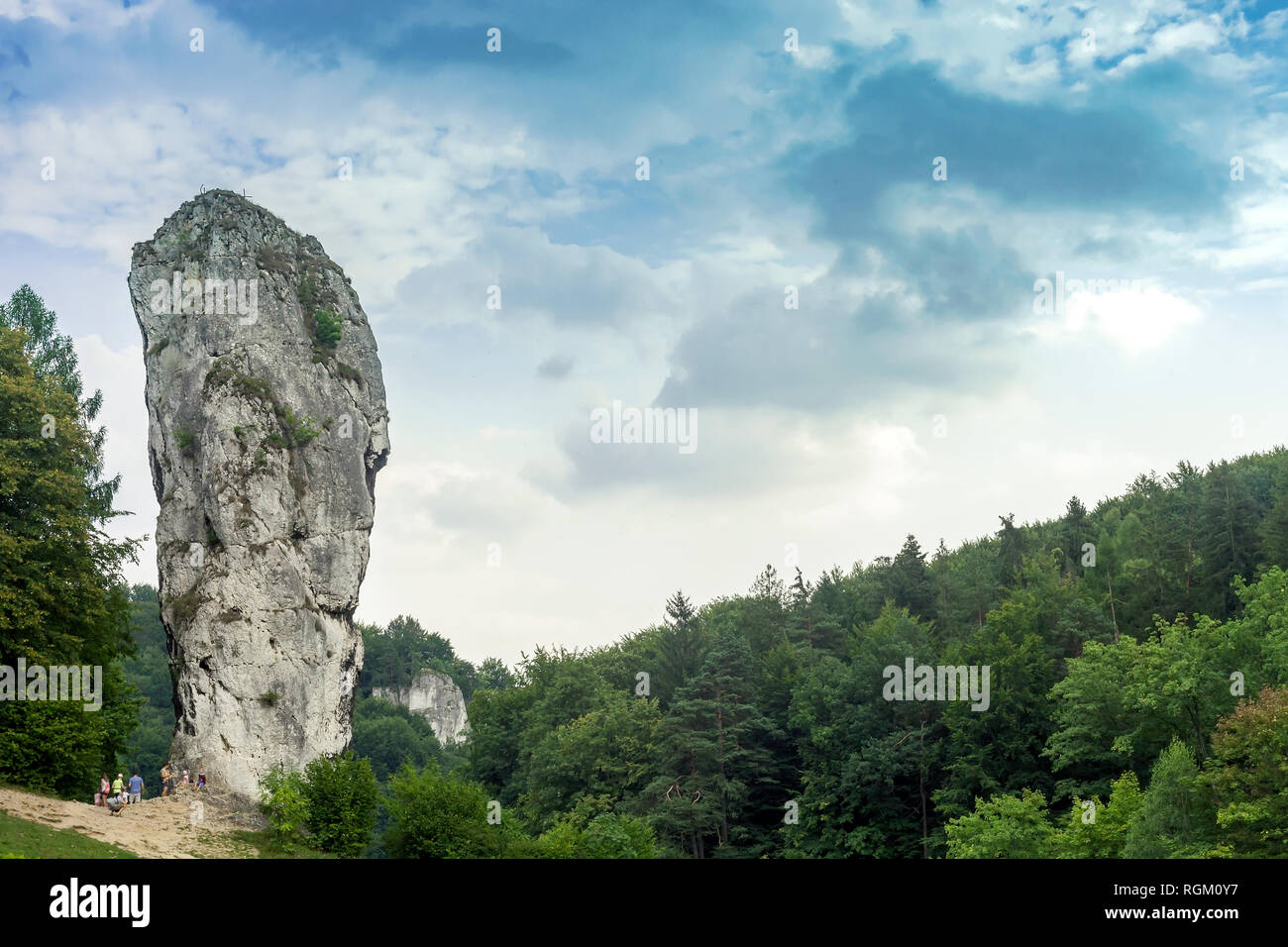 Summer landscape with high limestone cliff and green forest by blue sky ...