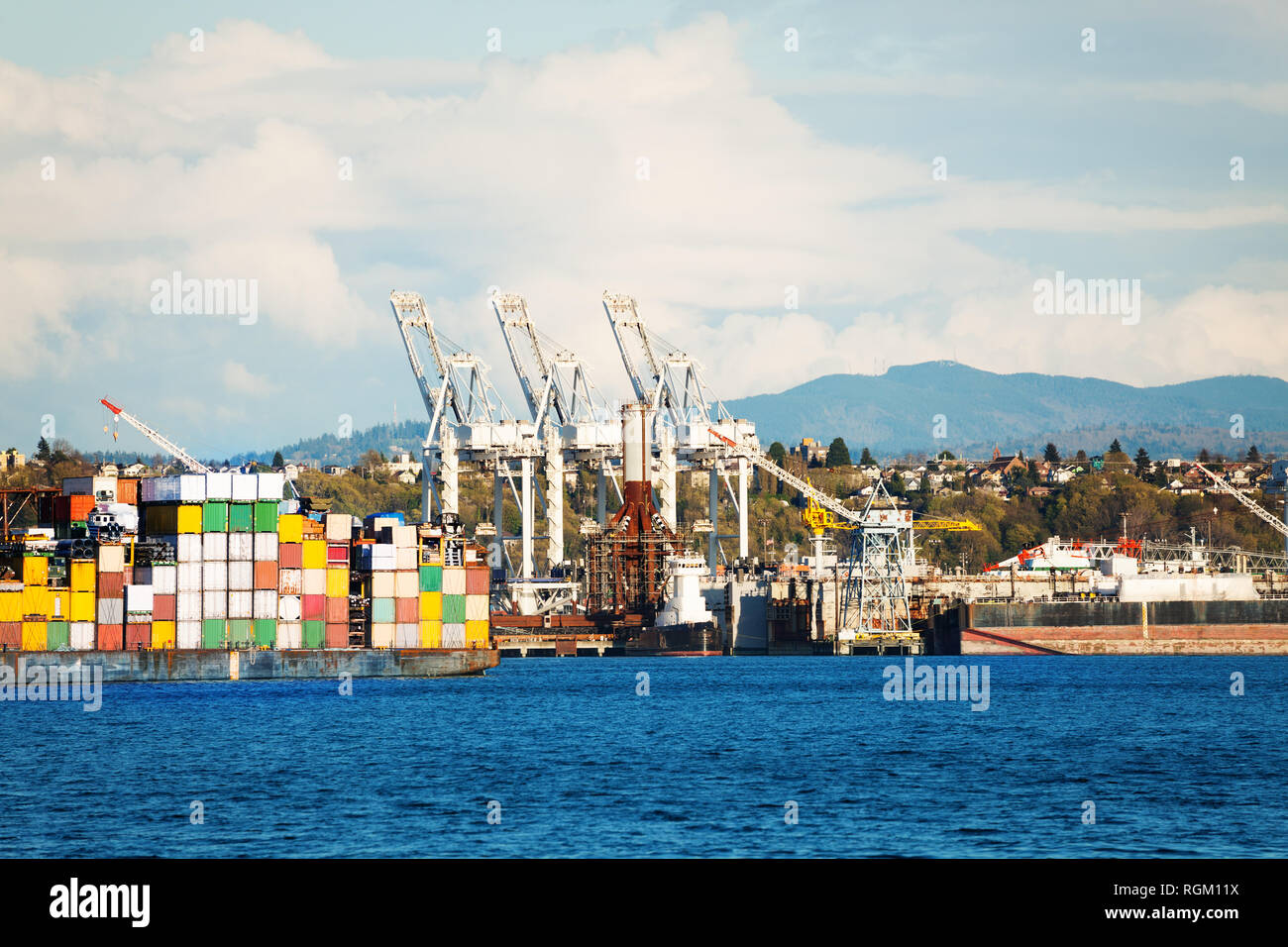 Cranes and stack of containers at port terminal Stock Photo - Alamy