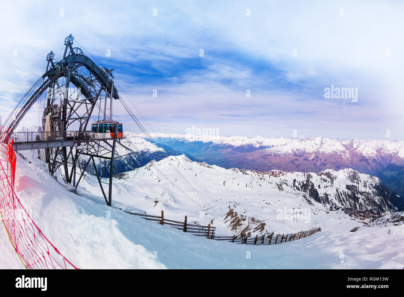 Les Arcs view with mountain ridges and cable car Stock Photo - Alamy
