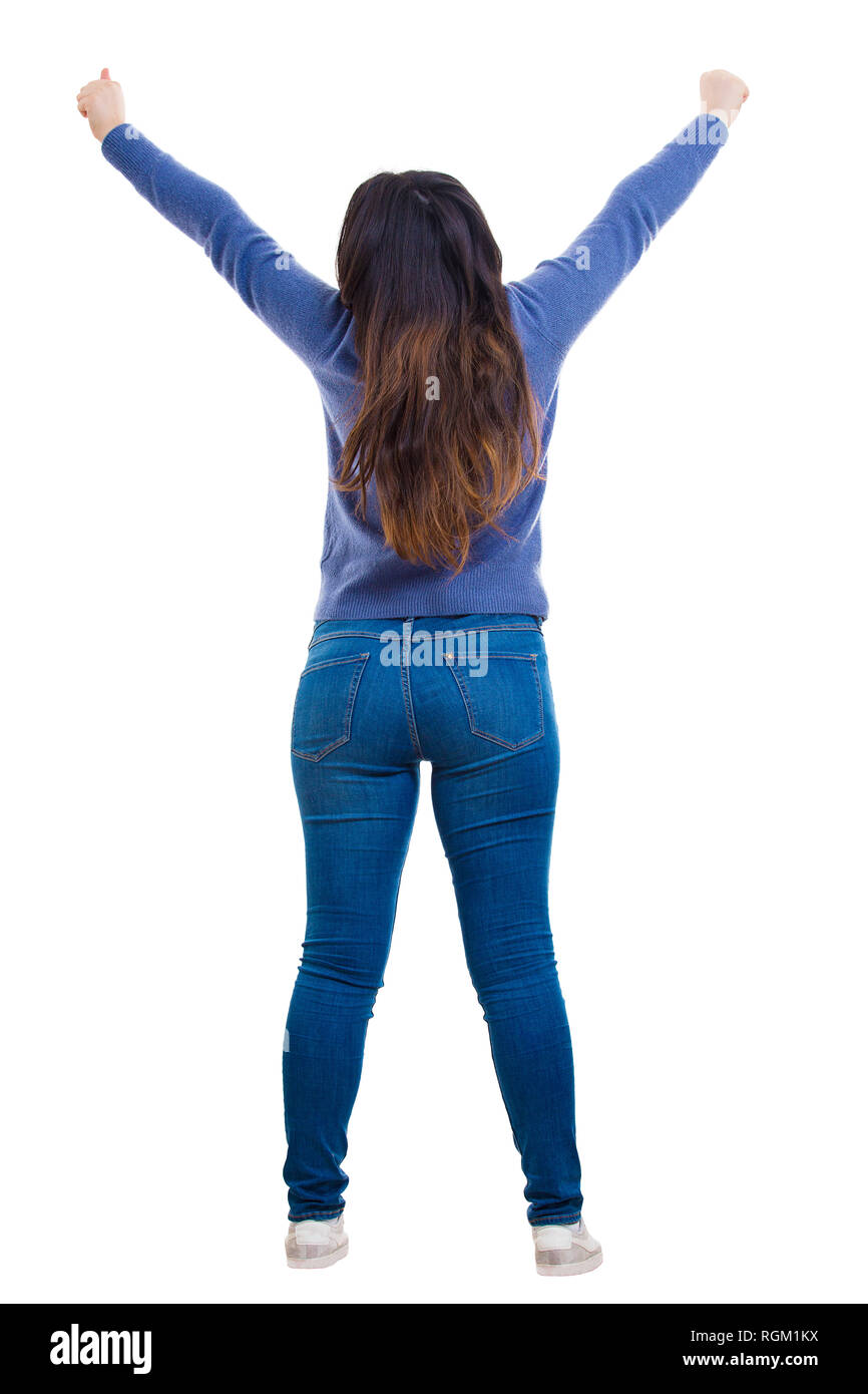 Freedom concept rear view of casual young woman student full body ...
