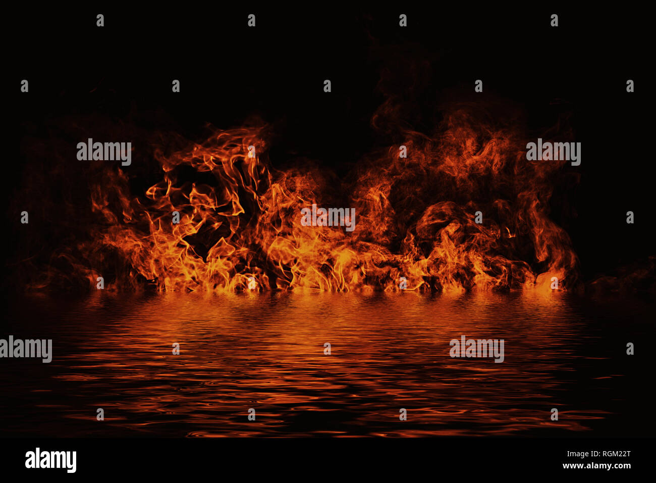 Texture of fire with reflection in water. Flames on isolated black ...