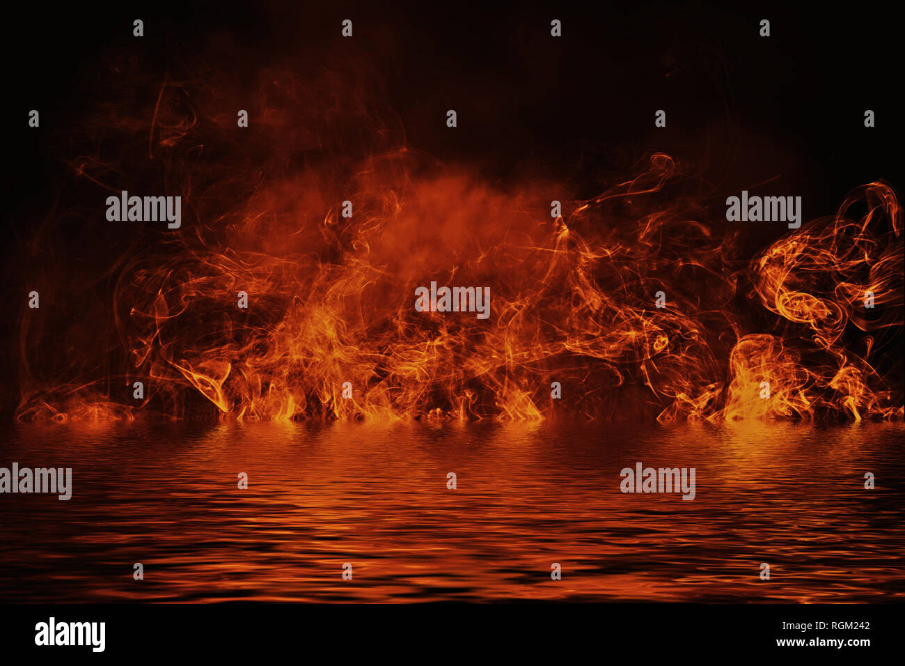 Texture of fire with reflection in water. Flames on isolated black ...