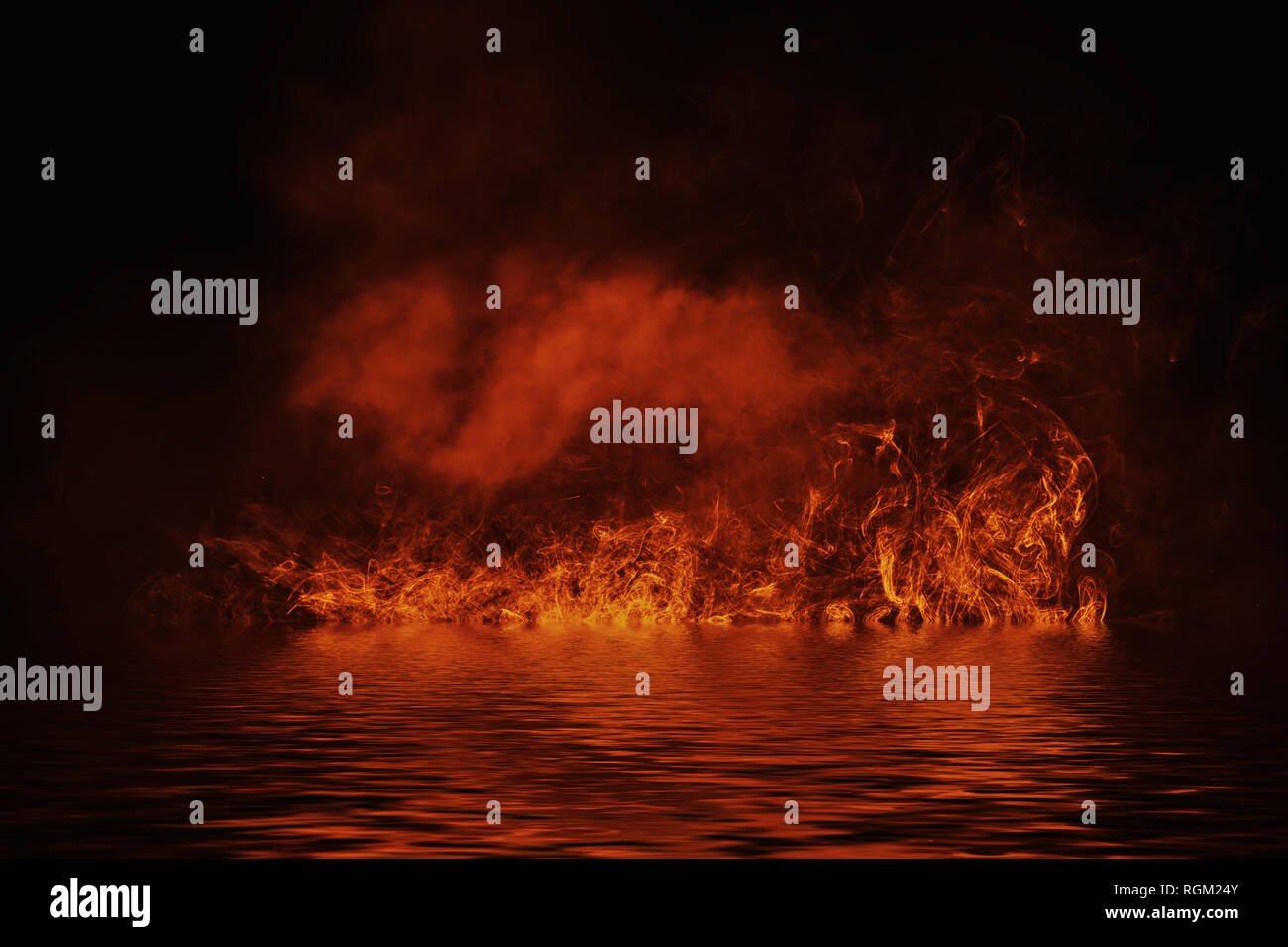 Texture of fire with reflection in water. Flames on isolated black ...