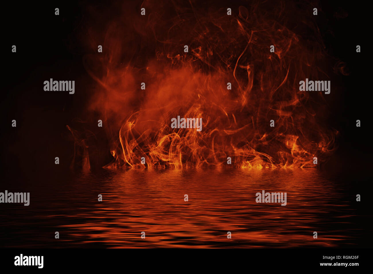 Texture of fire with reflection in water. Flames on isolated black ...
