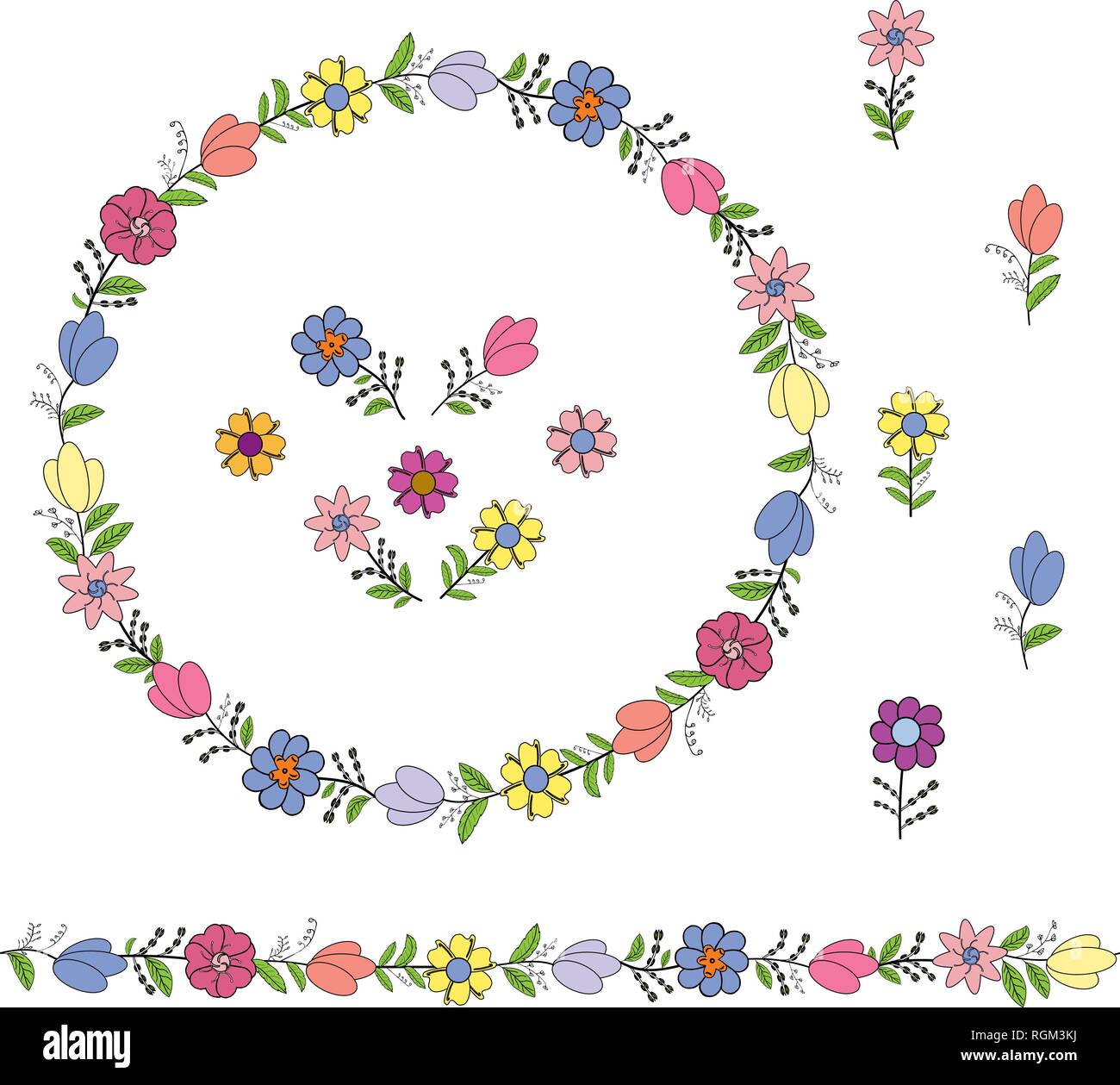 Colorful wreath from different spring flowers. Endless horizontal brush ...