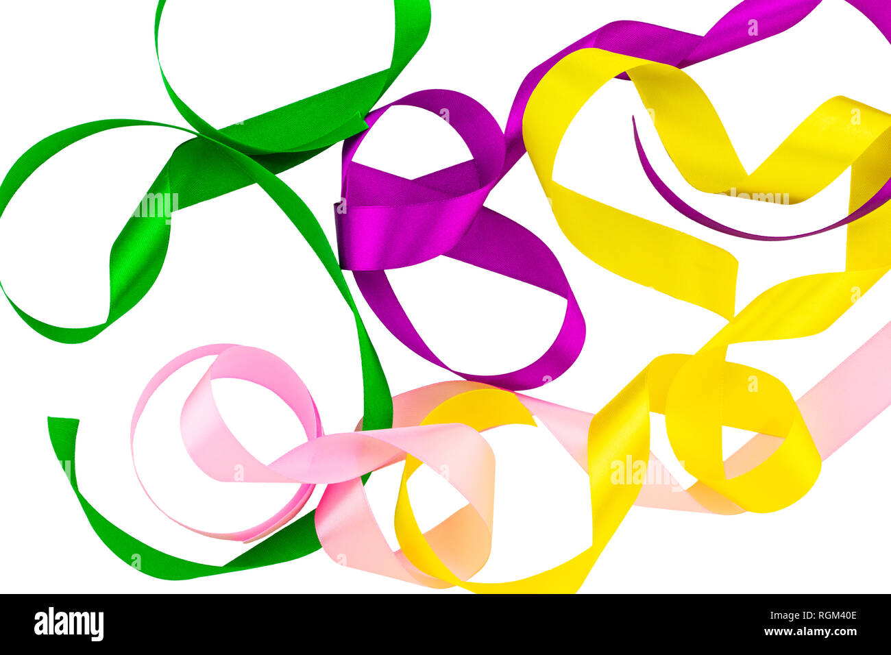 colored ribbons, green, pink,yellow purple on white background, with ...