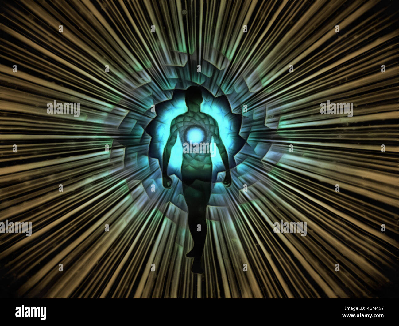 Man's silhouette with rays of light. Aura or Soul Stock Photo - Alamy
