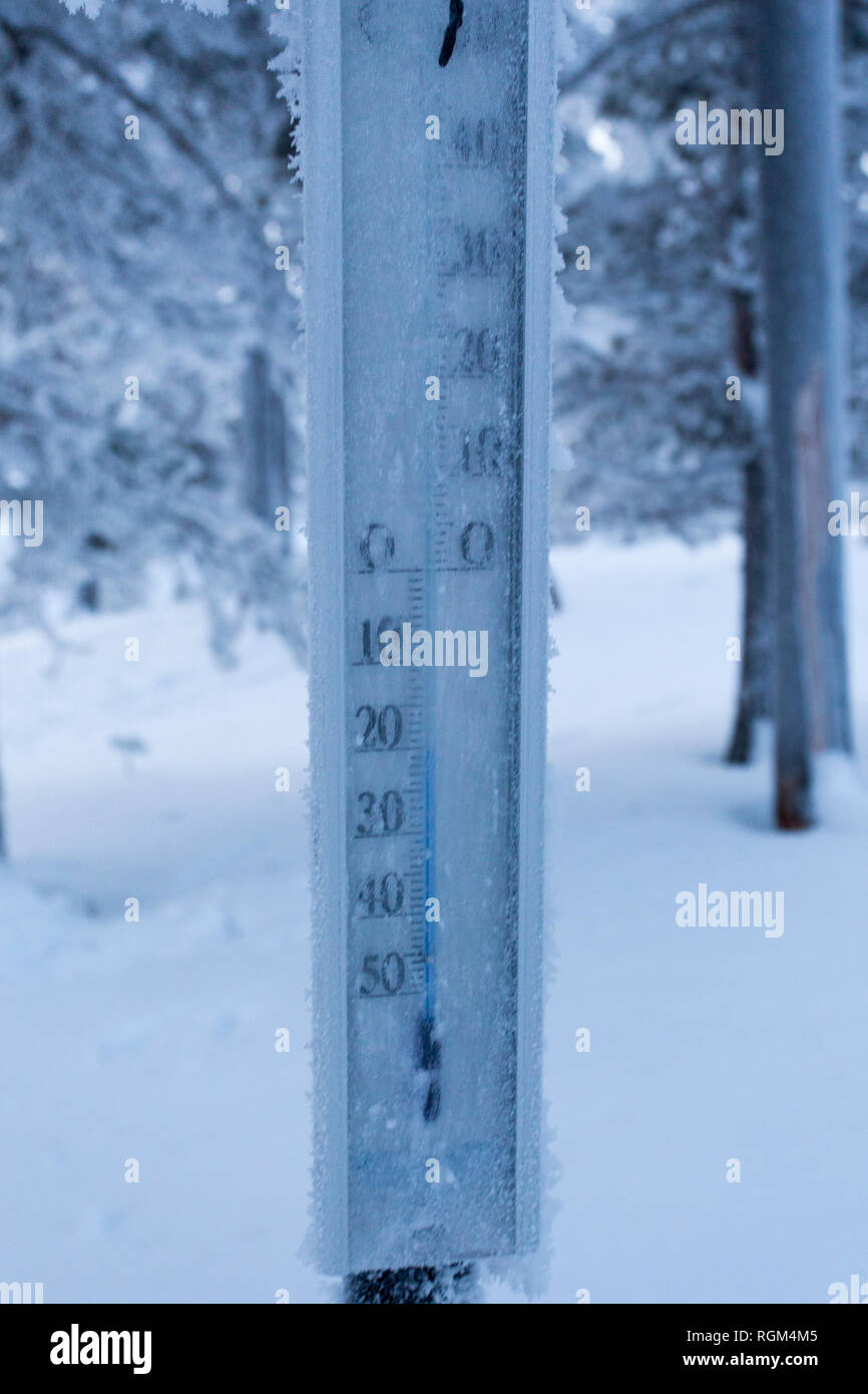 Frozen thermometer during polar night in Finland, temperature far below ...