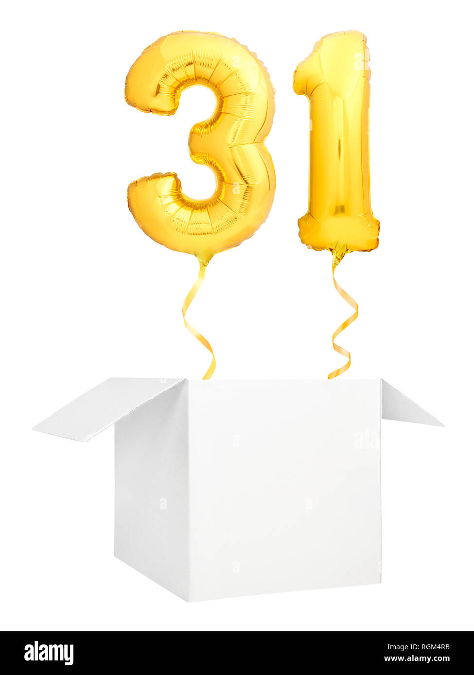 Golden number thirty one inflatable balloon with golden ribbon flying ...