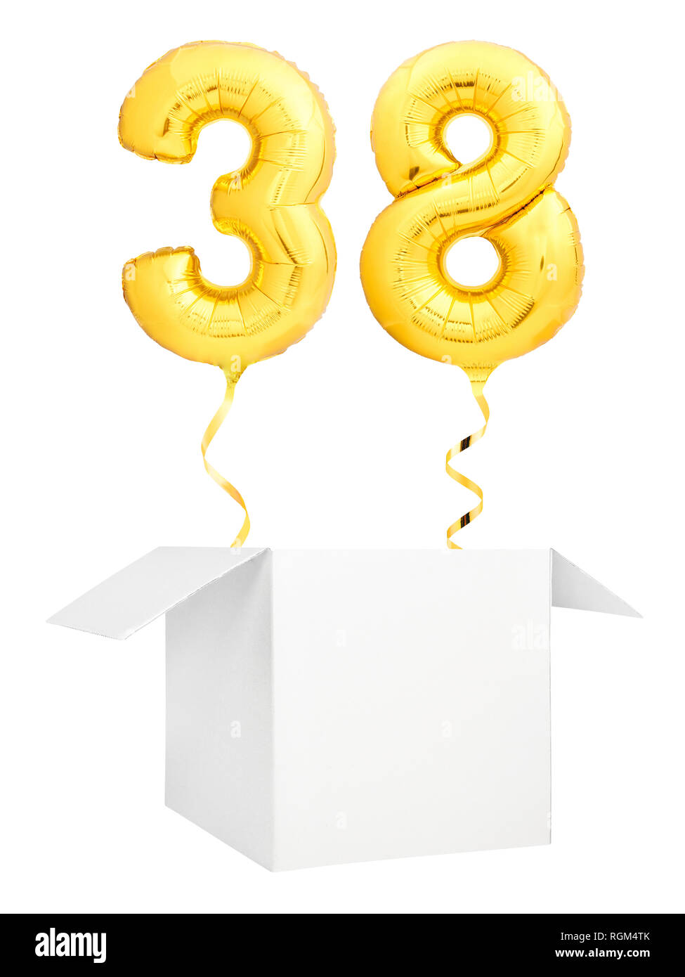 Golden number thirty eight inflatable balloon with golden ribbon flying ...
