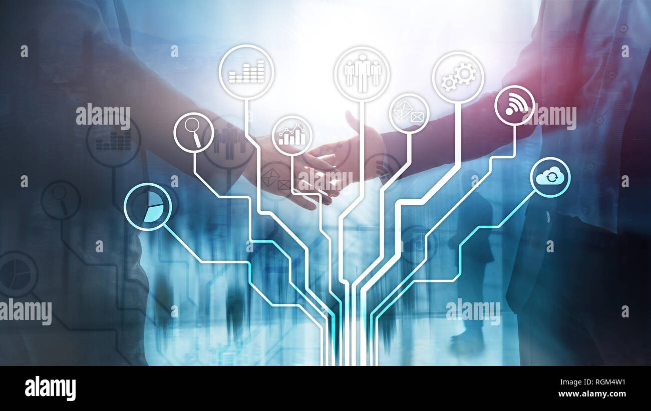 Business applications icons on blurred background. Financial and ...