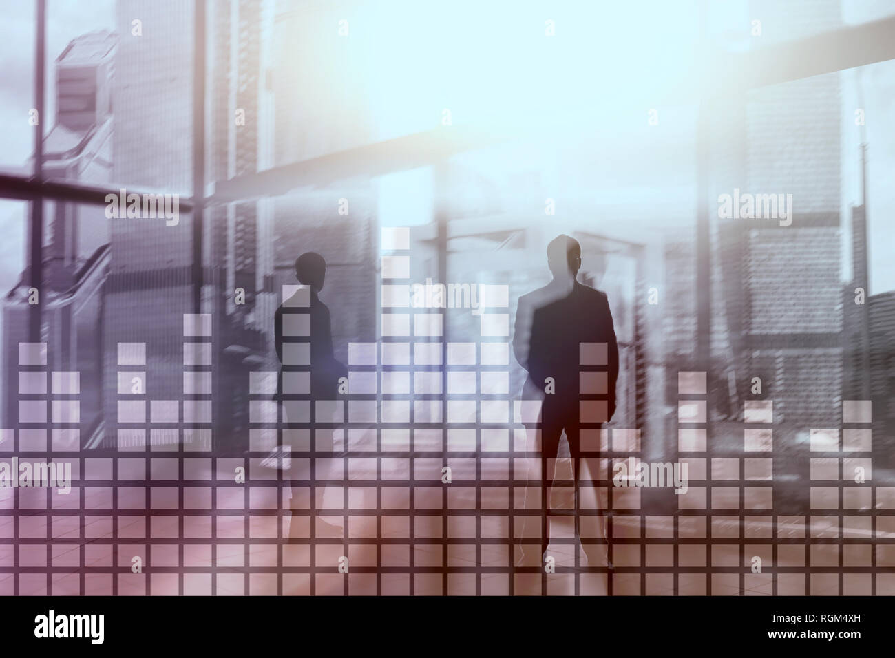 Financial chart on blurred skyscraper office background Stock Photo - Alamy