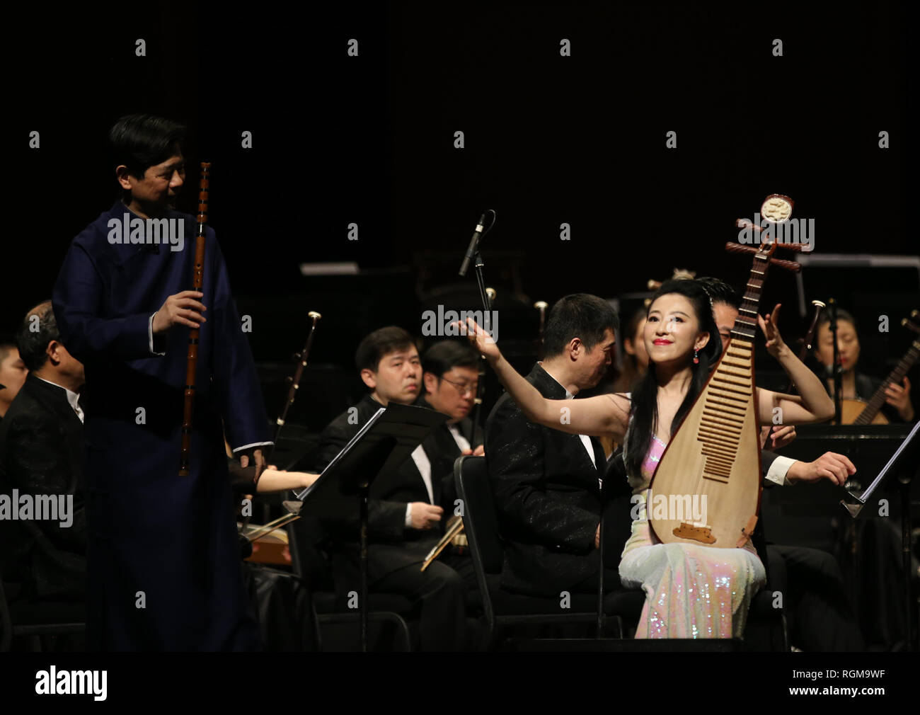 New Jersey, USA. 29th Jan, 2019. Artists Wang Ciheng (L, front) and ...