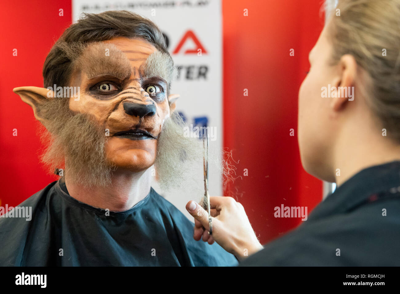 Nurmberg, Germany. 30th Jan, 2019. A make-up artist makes up a man as a ...