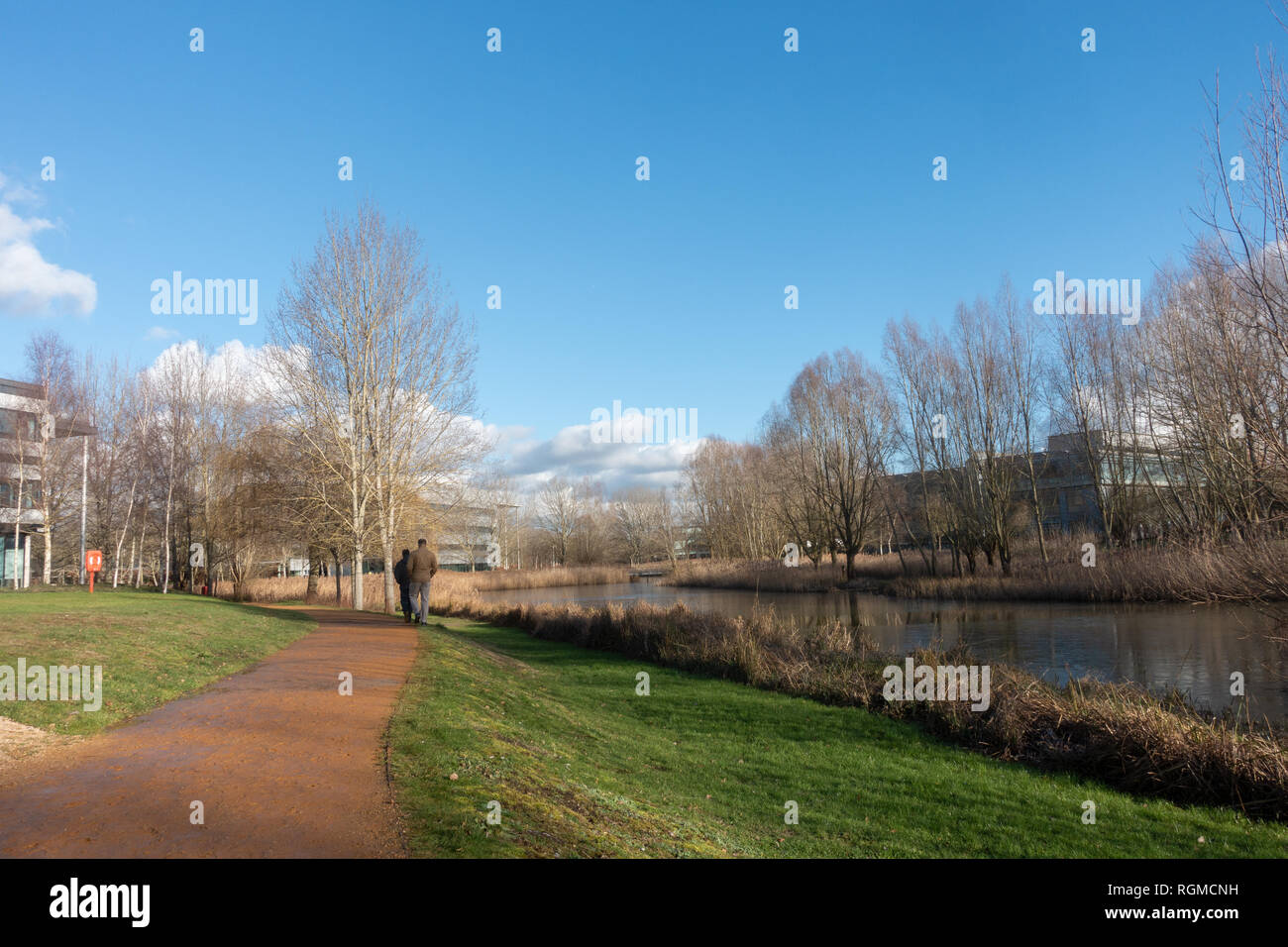 A footpath around the edge of a lake in the middle of parkland in the ...