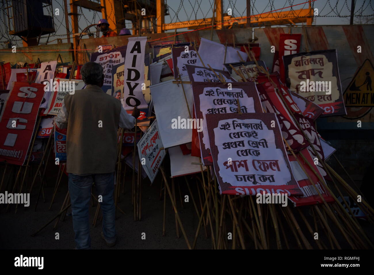 Kolkata, WEST BENGAL, India. 30th Jan, 2019. A pile of banners and ...