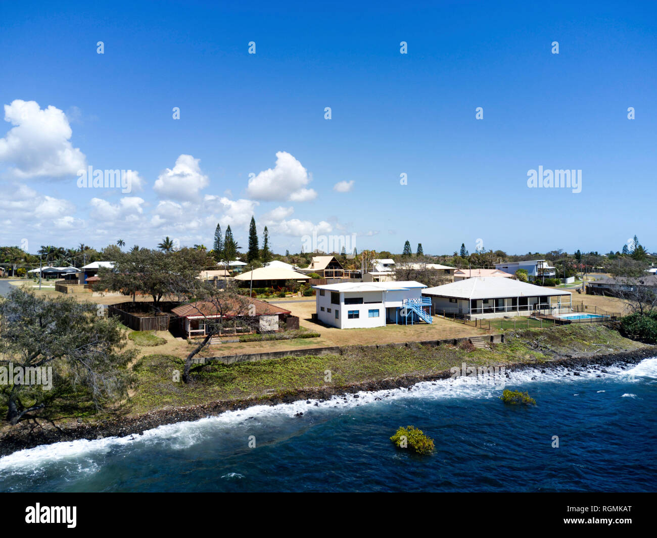 Aerial of coastal community of Innes Park on the Coral Coast near ...