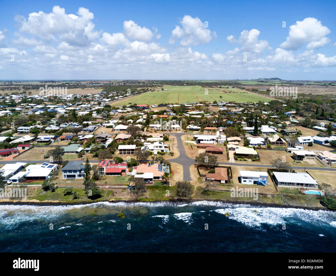 Aerial of coastal community of Innes Park on the Coral Coast near ...