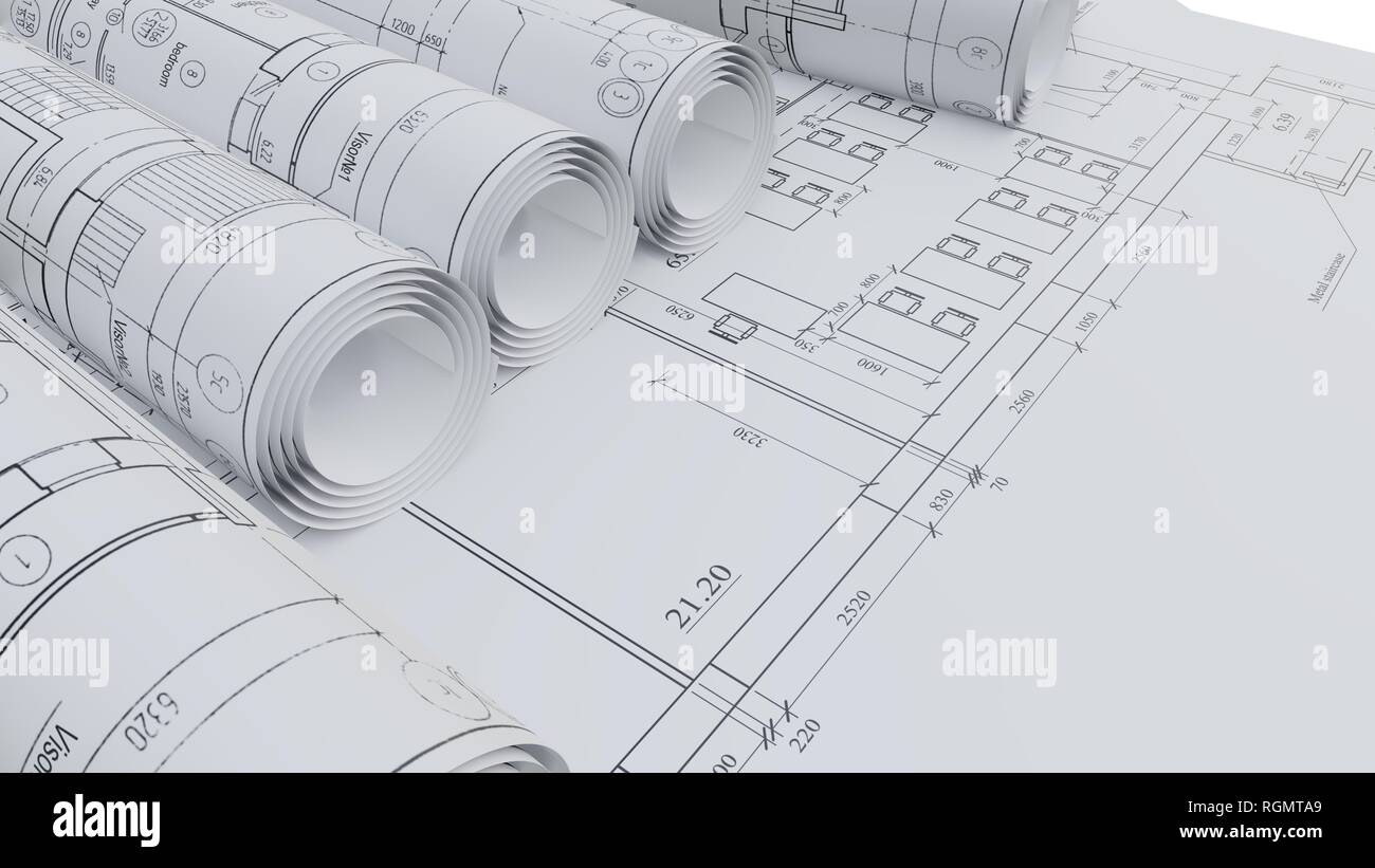 Architectural drawings. Flat and rolled Stock Photo - Alamy