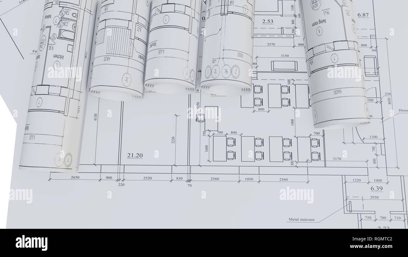 Architectural drawings. Flat and rolled Stock Photo - Alamy